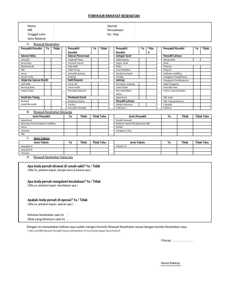Formulir Riwayat Kesehatan Fix | PDF