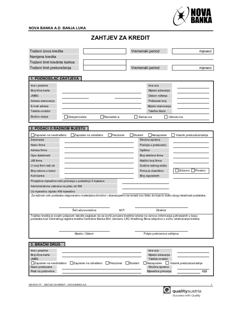 Zahtjev Za Kredit, Kred - Karticu I Pozajmicu | PDF