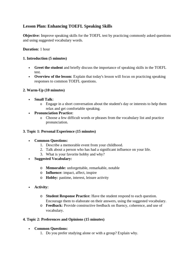 TOEFL Speaking Skills Lesson Plan | PDF | Mental Health | Diet & Nutrition