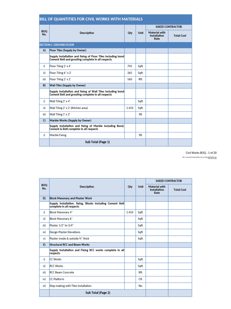 Civil Works Bill of Quantities (BOQ) | PDF | Masonry | Demolition