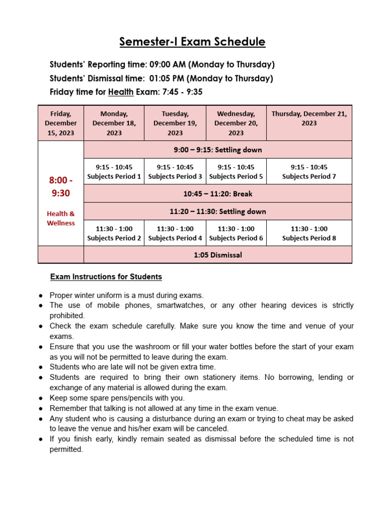 Semester-I Exam Schedule-1 | PDF