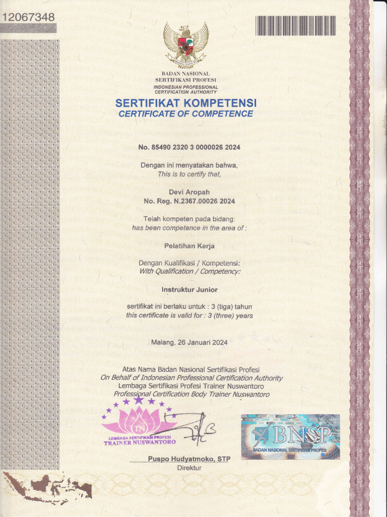 Sertifikat Instruktur Junior Devi Arofah | PDF