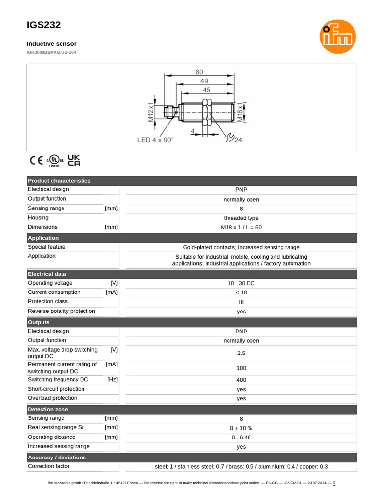 Inductive Sensor IGS232 Specifications | PDF | Equipment | Power (Physics)
