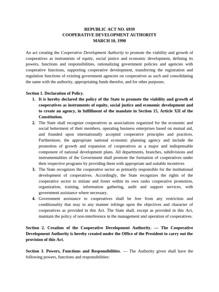 Ra 6939 - Cooperative - Development - Authority (Sec1-14) | PDF | Cooperative | Contempt Of Court
