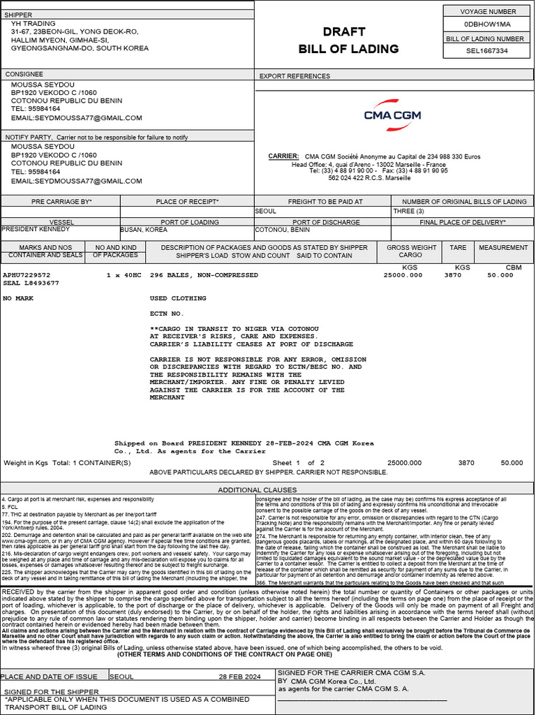 Bill of Lading for Used Clothing Shipment | PDF | Bill Of Lading | Cargo