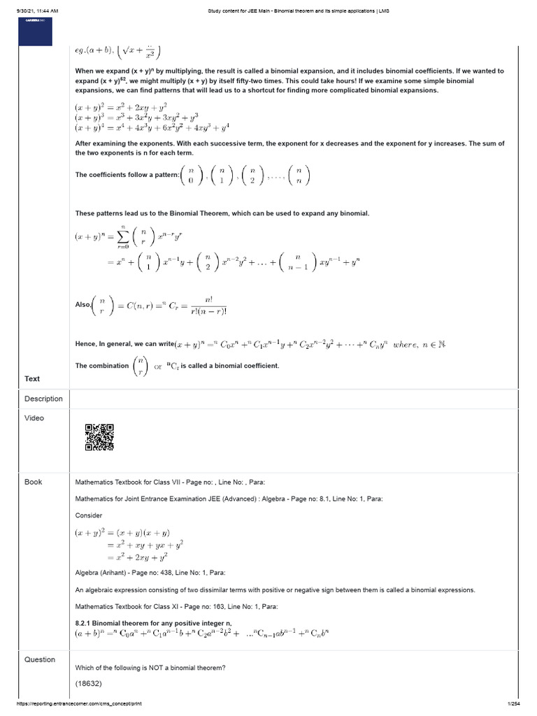 Binomial Theorem And Its Simple Applications Pdf Summation