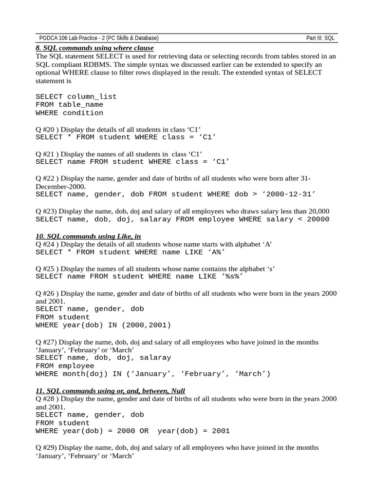 PGDCA_106_LabPractice2_SQL2 | PDF | Data Model | Computer Programming