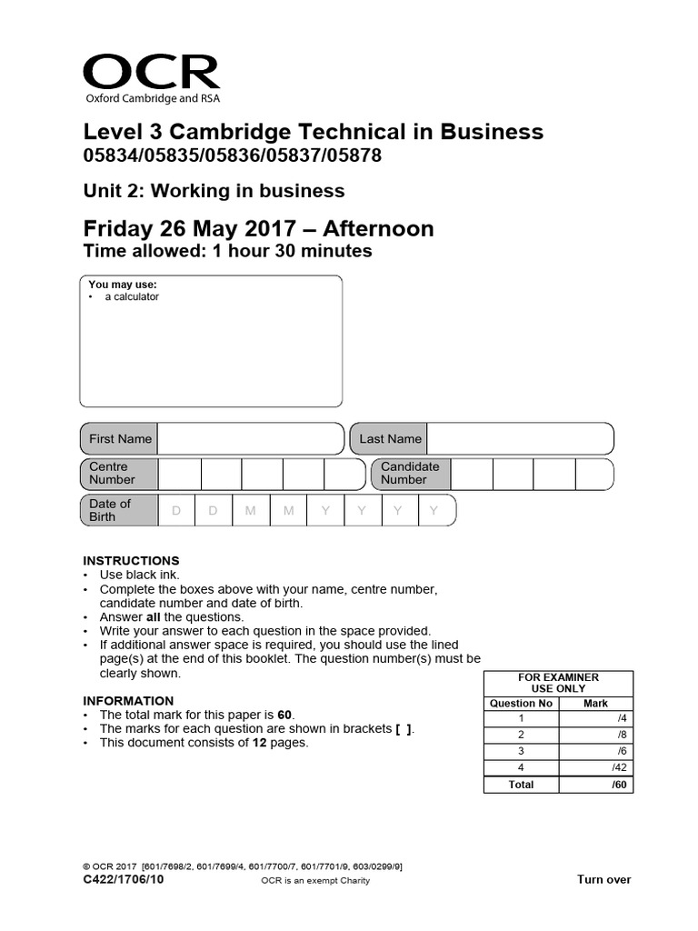 Question Paper Working in Business | PDF