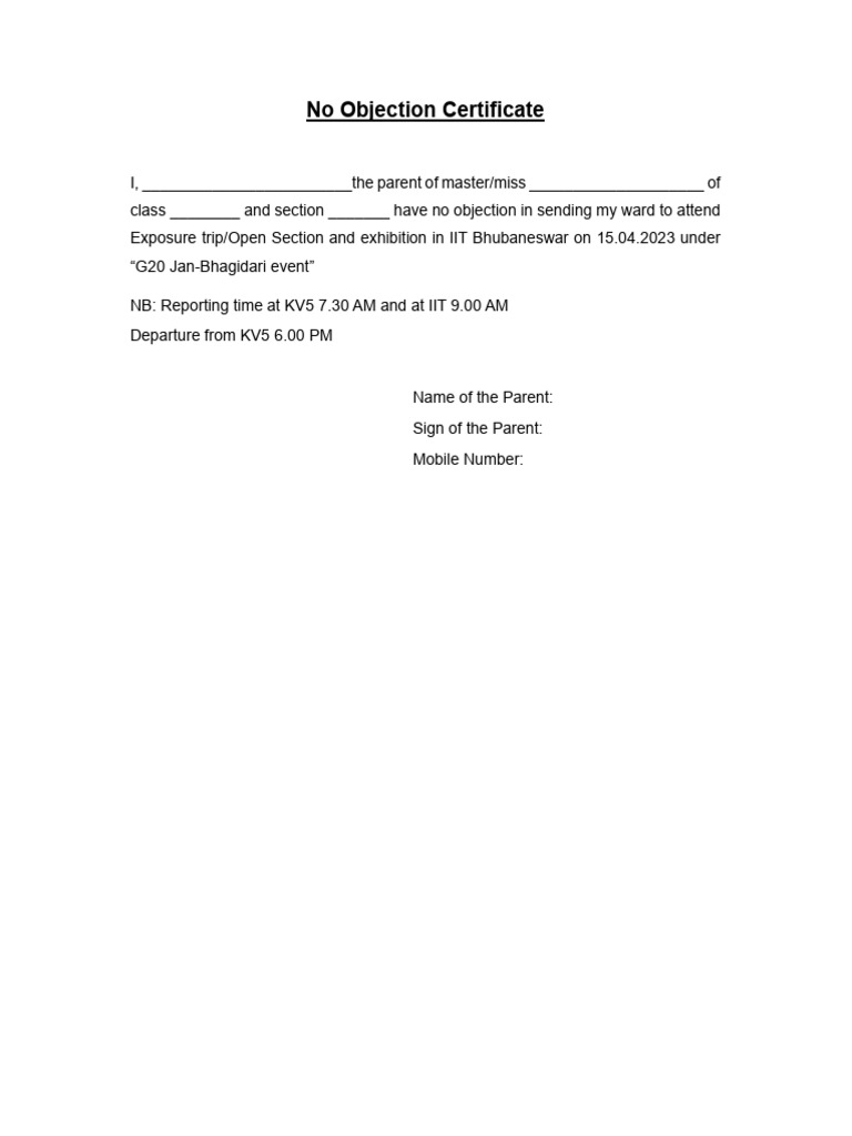 No Objection Certificate for School Trip | PDF