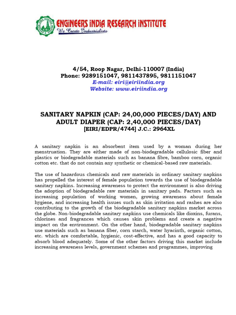 Project Report On SANITARY NAPKIN (CAP: 24,00,000 PIECES/DAY) AND ADULT ...