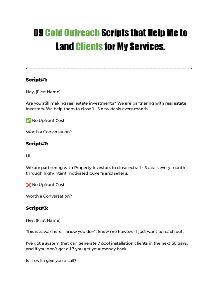 Cold Outreach Scripts for Client Acquisition | PDF | Investing | Real ...