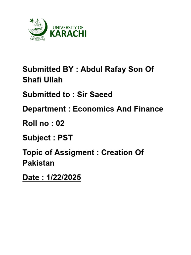 Assignment On The Creation of Pakistan | PDF | Partition Of India ...