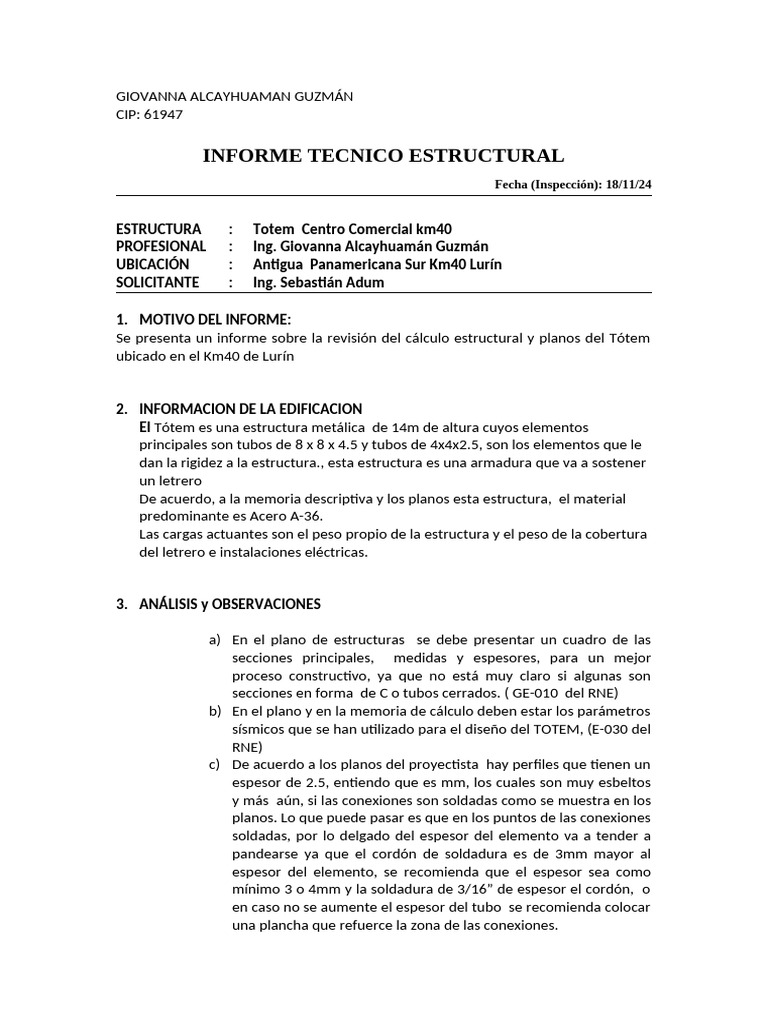 Informe Totem 2 | PDF | Fundación (Ingeniería) | Hormigón