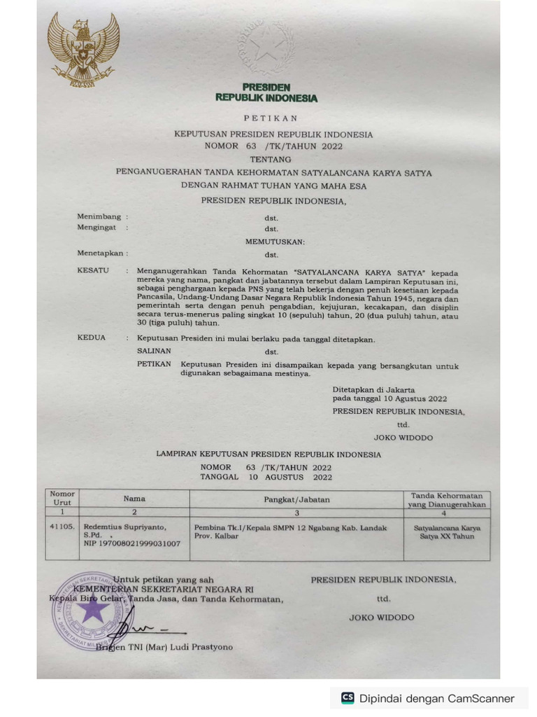 Petikan Kepres TTG Satya Lencana XX Redemtius | PDF