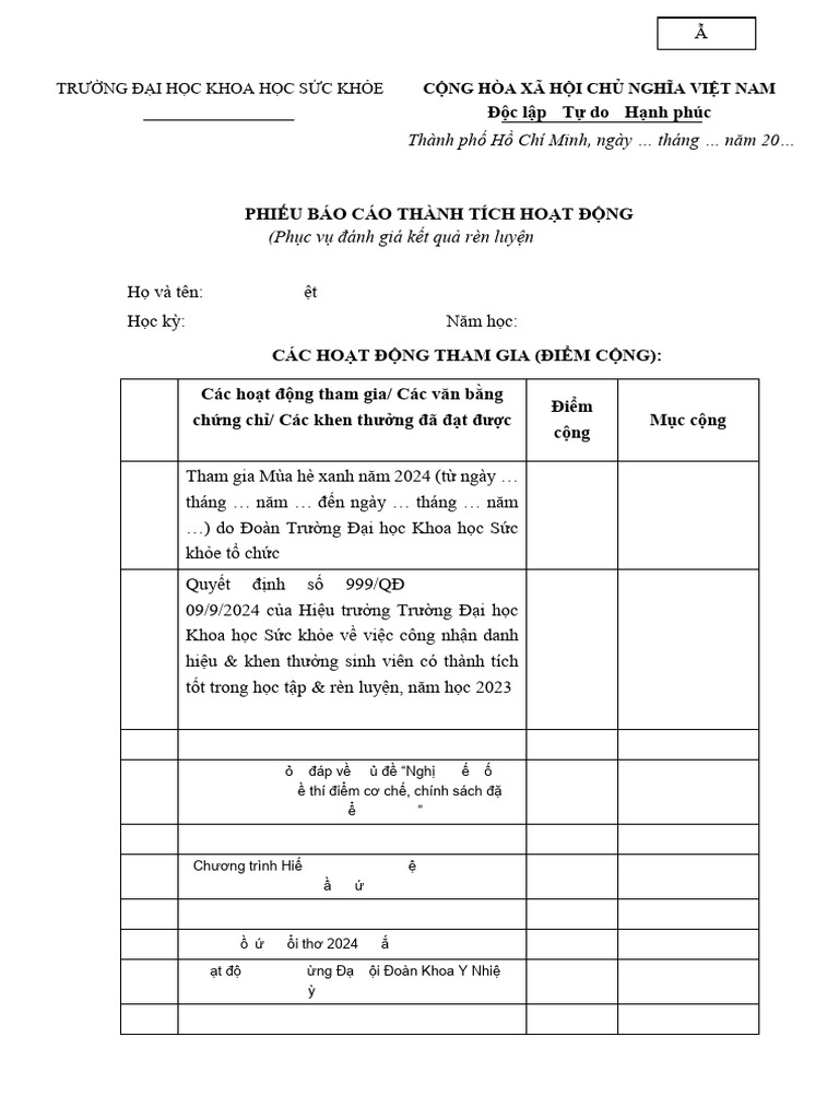 Mau 2_Phieu bao cao thanh tich hoat dong | PDF