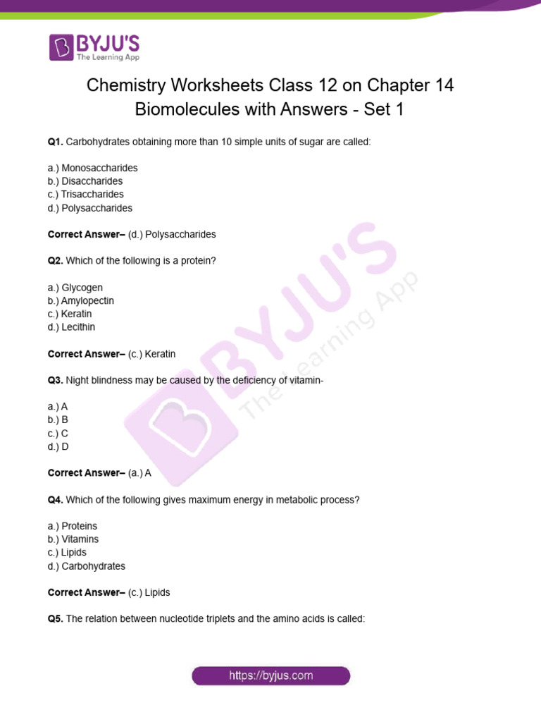 Chapter 14 Biomolecules Worksheet Answers Set 1 | PDF | Carbohydrates ...