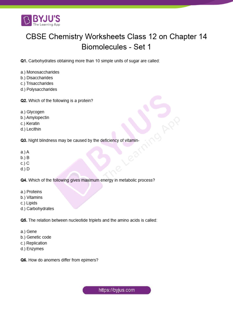 Chapter 14 Biomolecules Worksheet Questions Set 1 | PDF
