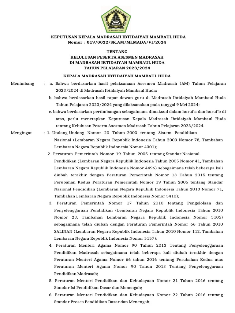 Keputusan Kepala Madrasah Ibtidaiyah Mambaul Huda | PDF