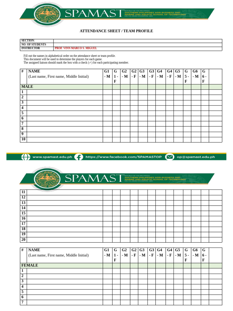 Attendance Sheet for Team Games | PDF