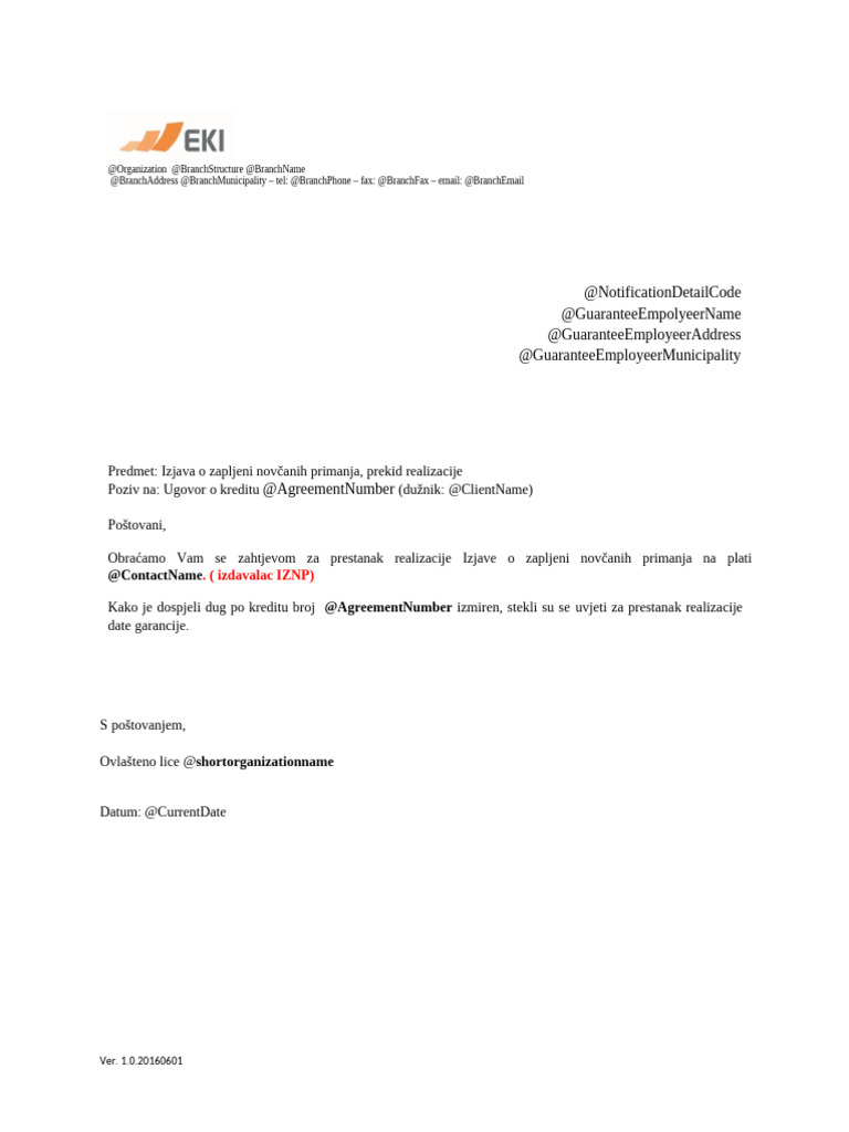 Template - Prekid Realizacije IZNP | PDF