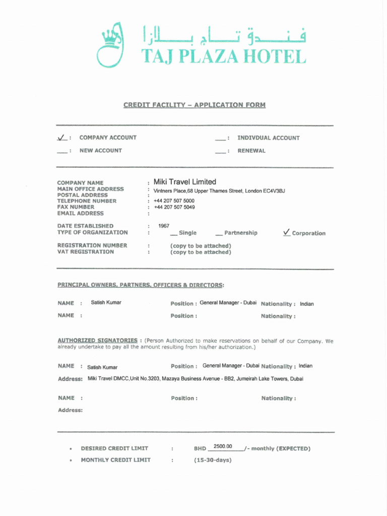 Credit Facility Form-Approved-Taj Plaza Hotel | PDF