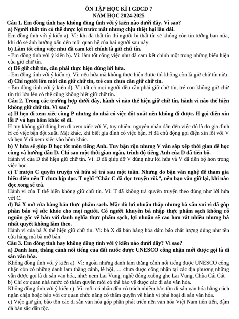 ÔN TẬP HỌC KÌ I GDCD 7 | PDF