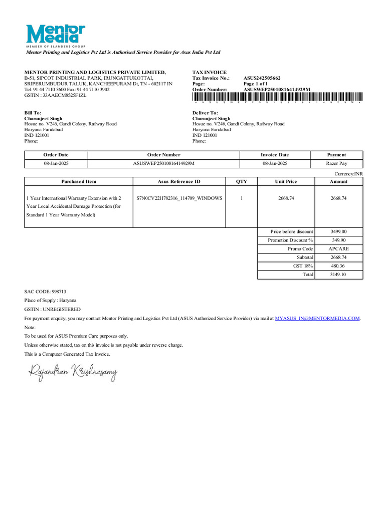 Asus Warranty Invoice - Mentor Printing | PDF | Invoice | Payments