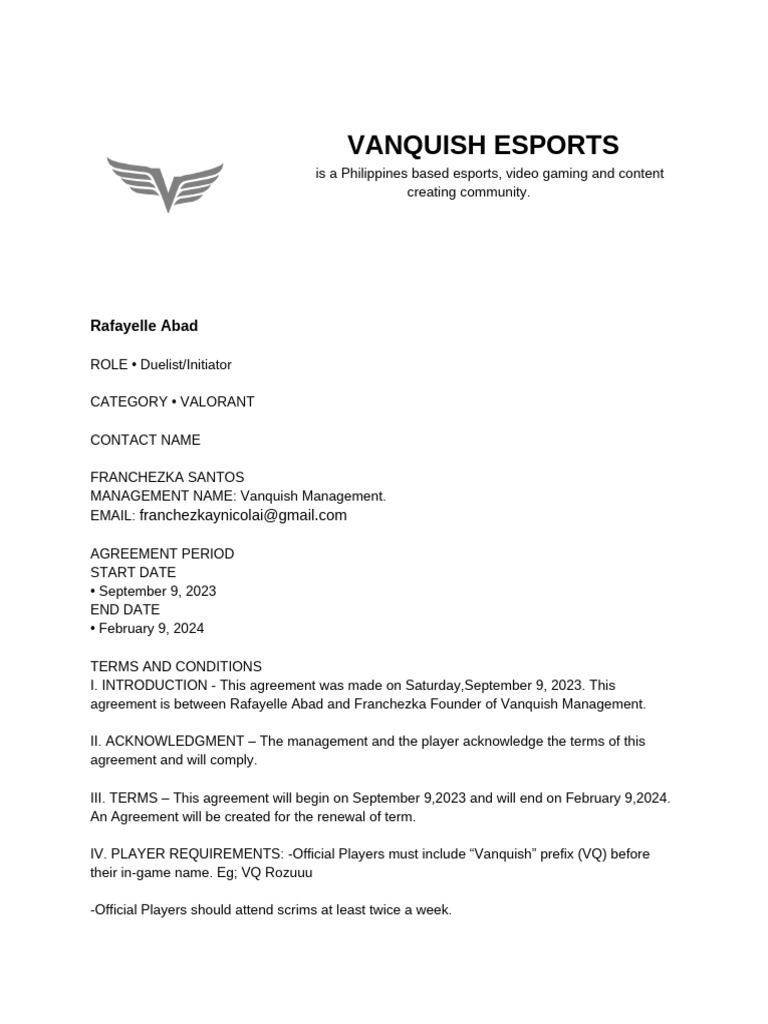Vanquish Esports Player Agreement | PDF