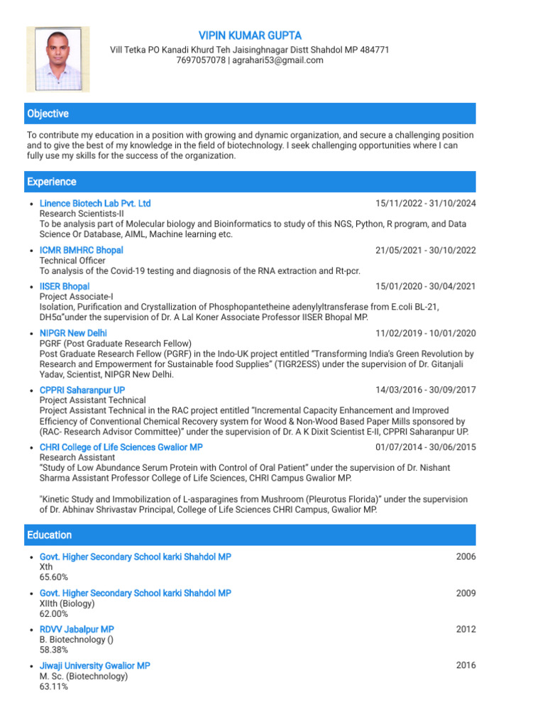 Vipin Update CV. 27-11-2024 | PDF | Molecular Biology | Protein Purification