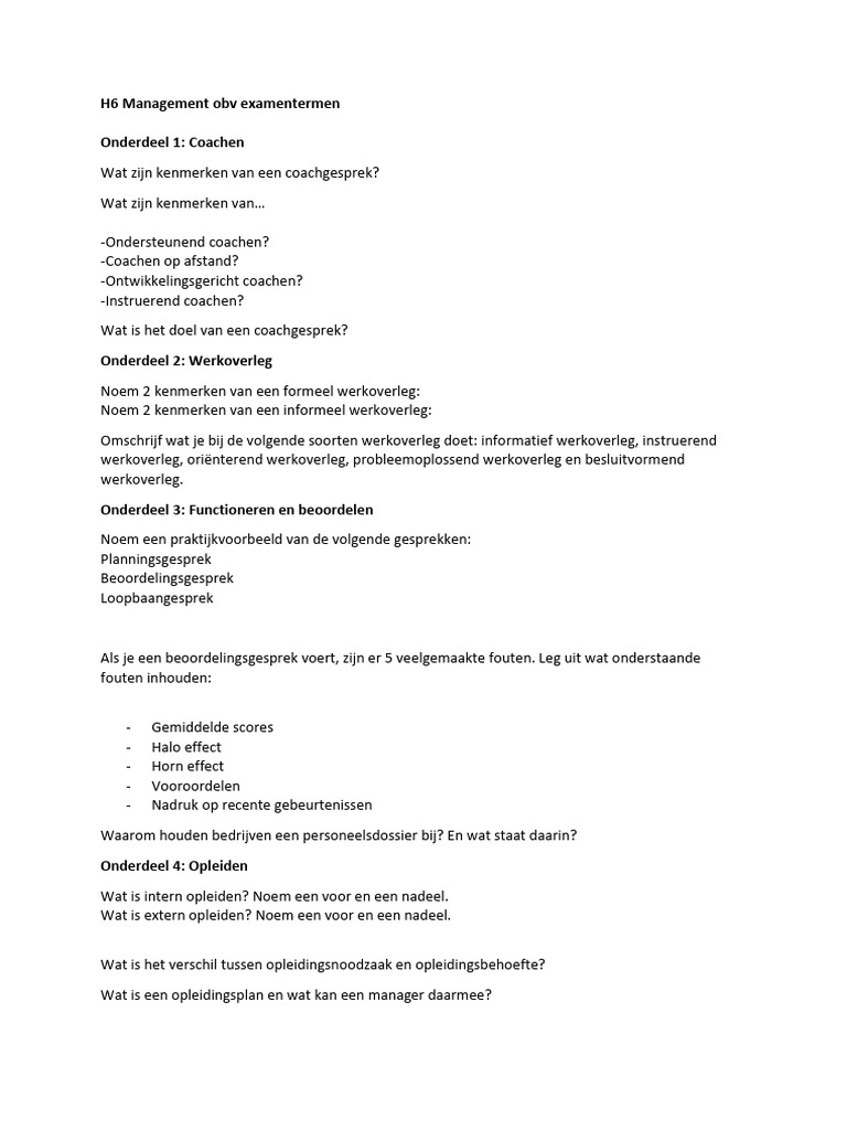 Vragen Management Obv Examentermen H6 | PDF