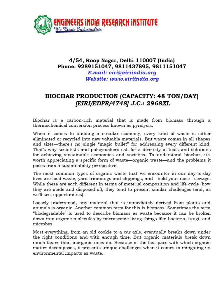 Project Report On BIOCHAR PRODUCTION (CAPACITY: 48 TON/DAY) | PDF ...