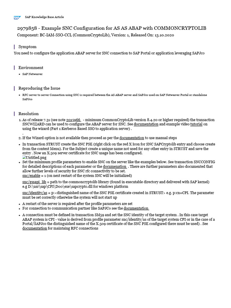 2979858 - Example Snc Configuration for as as Abap With Commoncryptolib | PDF | Software | Computing