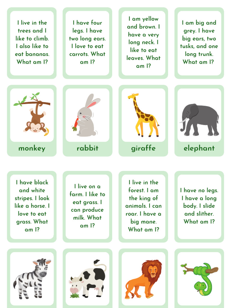 Green White Illustrative Guess the Animals Matching Flashcard | PDF