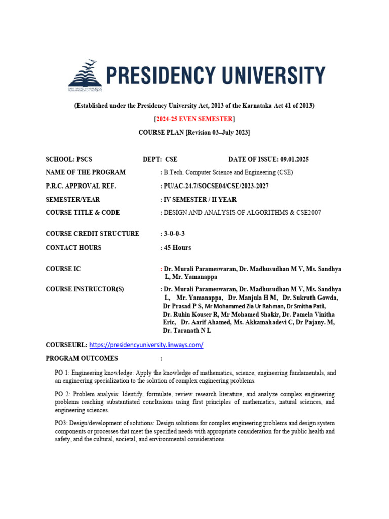 B.Tech CSE: Design & Analysis of Algorithms | PDF | Engineering | Computer Programming