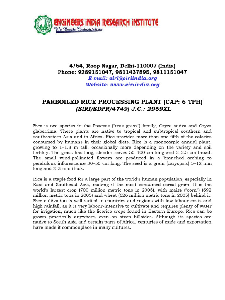 Project Report On PARBOILED RICE PROCESSING PLANT (CAP: 6 TPH) | PDF ...