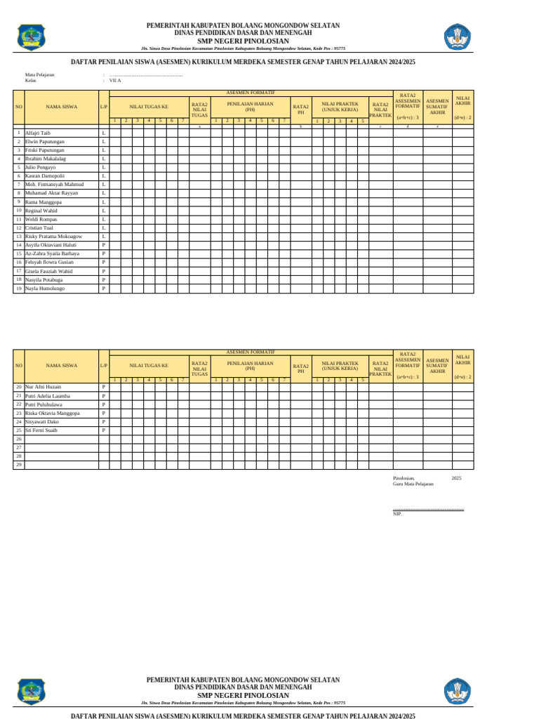 DAFTAR PENILAIAN SISWA | PDF