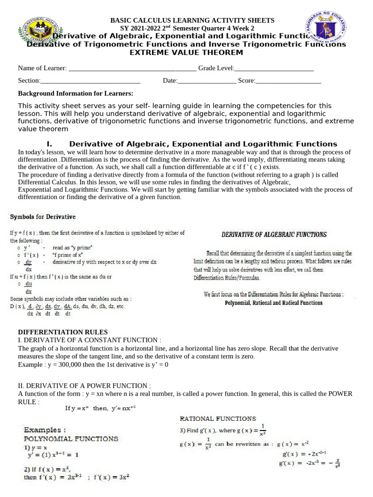 Basic-Calculus-Q4-Week-2-LAS-final | PDF | Trigonometric Functions | Function (Mathematics)