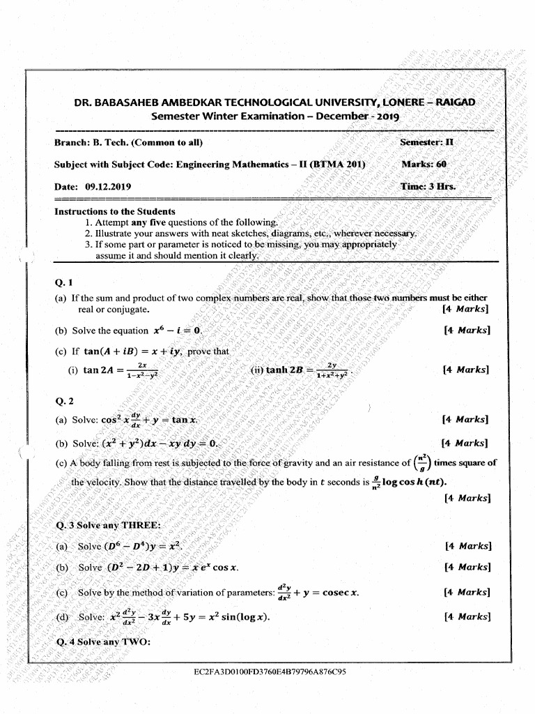 Btech 1 Year Engineering Mathematics 2 Btma201 Dec 2019 | PDF