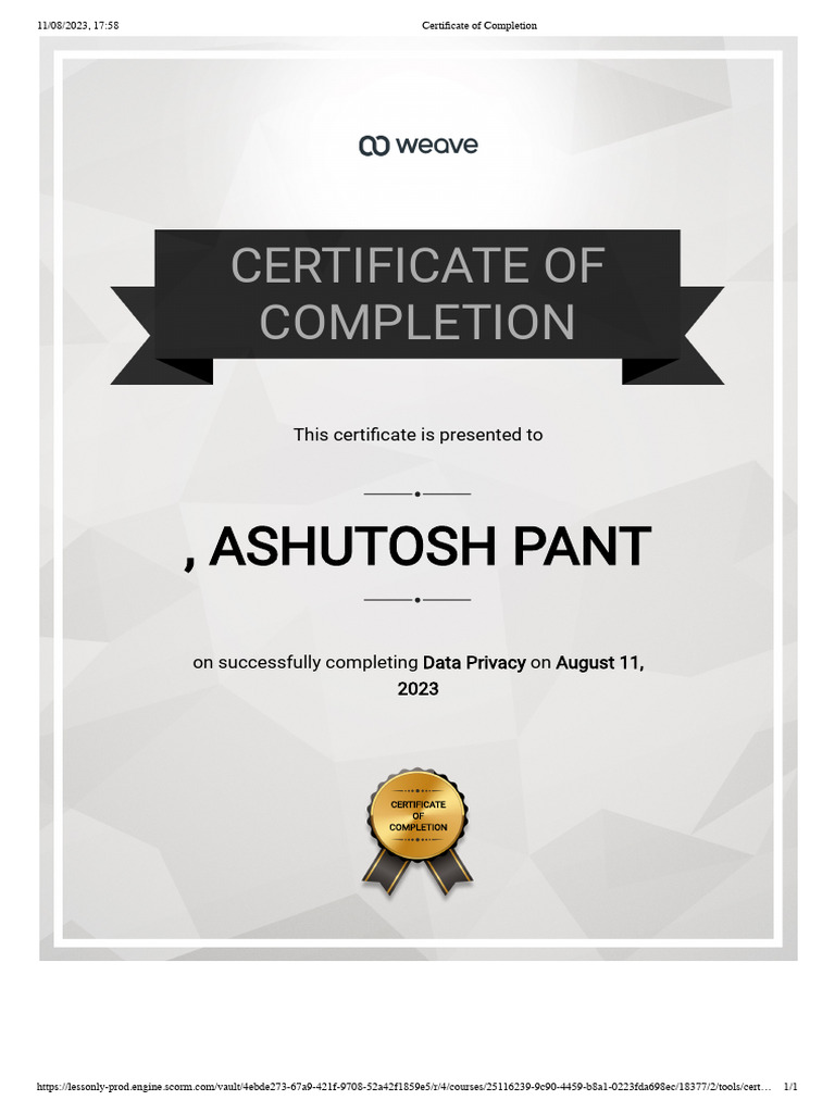 Data Privacy Course Completion Certificate | PDF