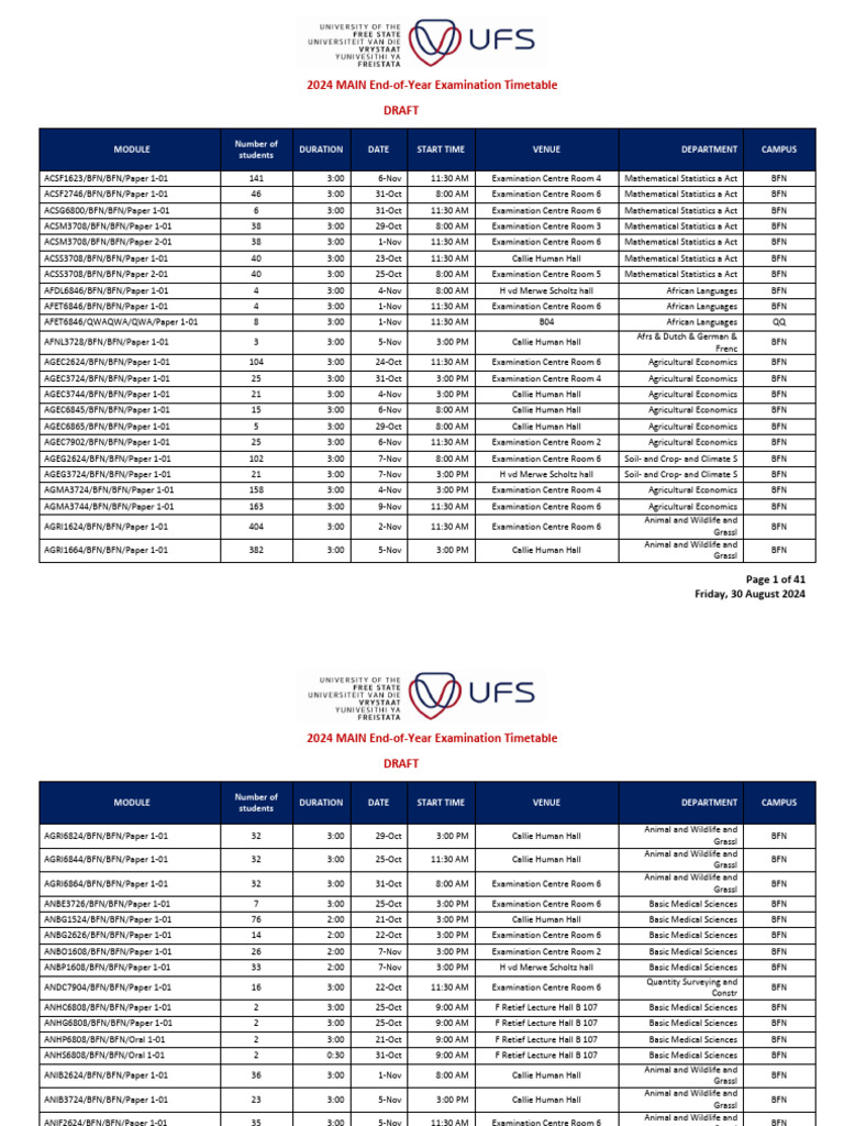 2024 Sitting - 3 - Draft Main End of Year Examination Timetable | PDF | Agricultural Science ...