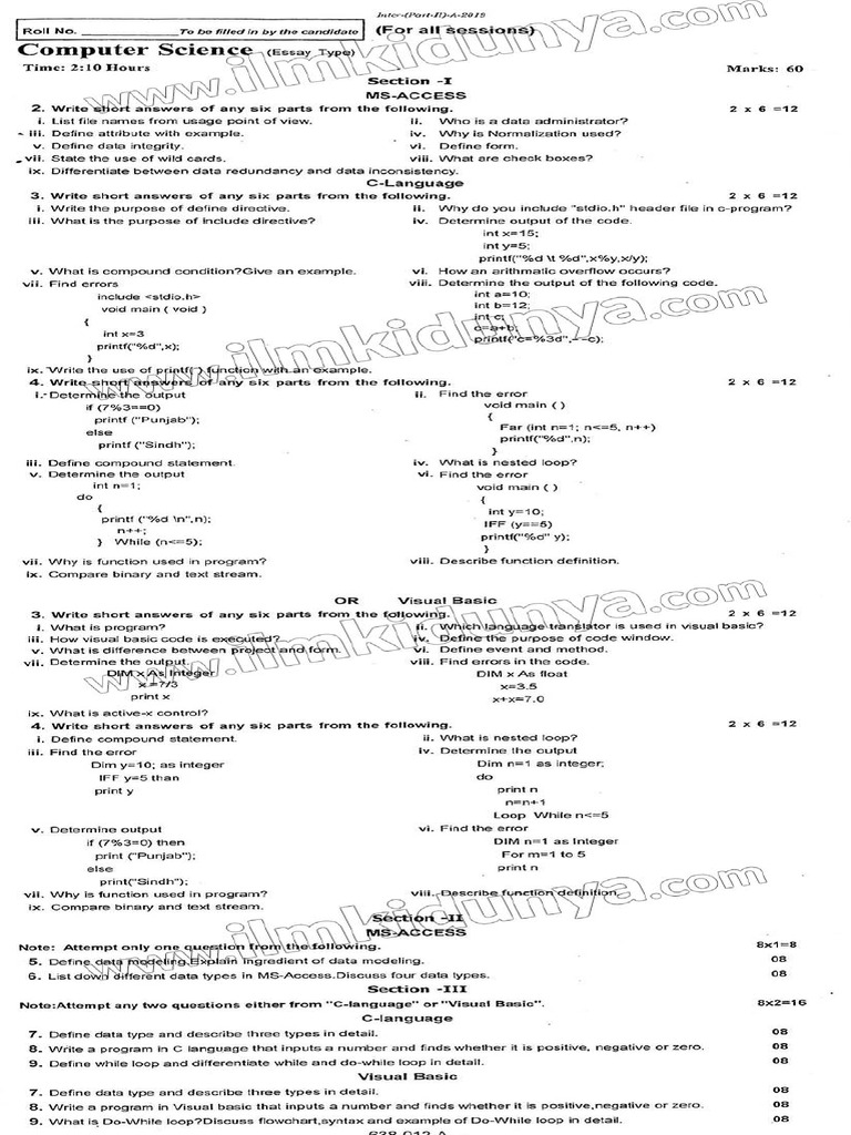Past Paper 12th Class Rawalpindi Board Computer Science Subjective 2019 ...