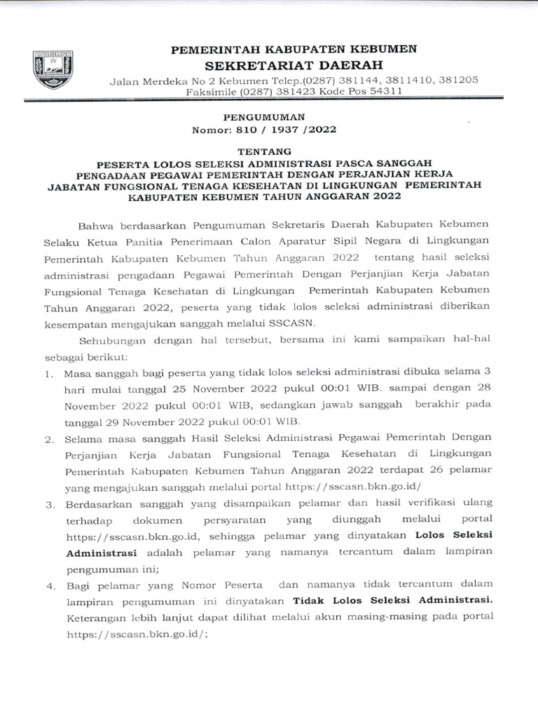 Pengumuman Hasil Verifikasi Seleksi Administrasi Pasca Sanggah | PDF