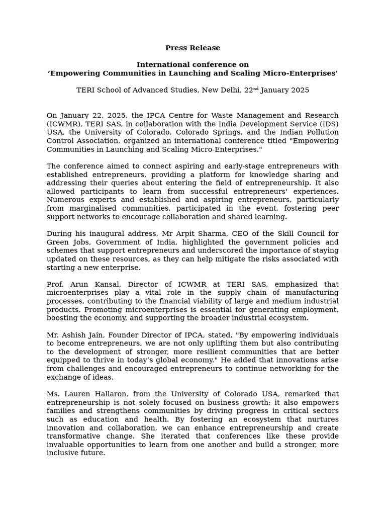 IPCA & TERI School of Advance Studies | PDF | Entrepreneurship | Economies