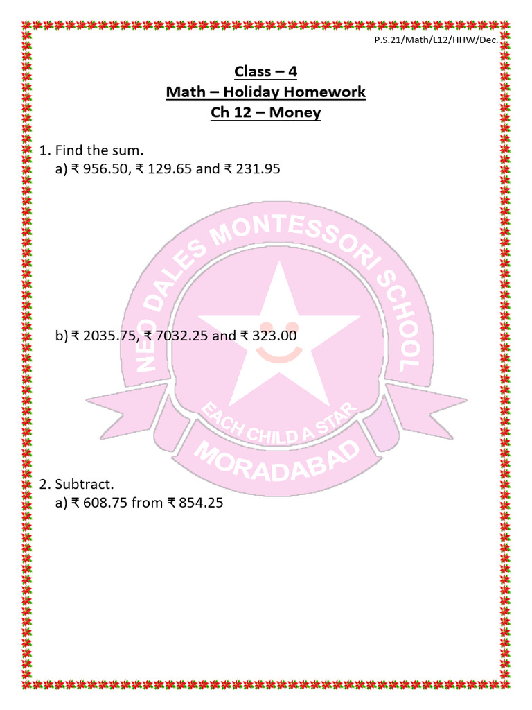 Class 4 Math Homework on Money | PDF