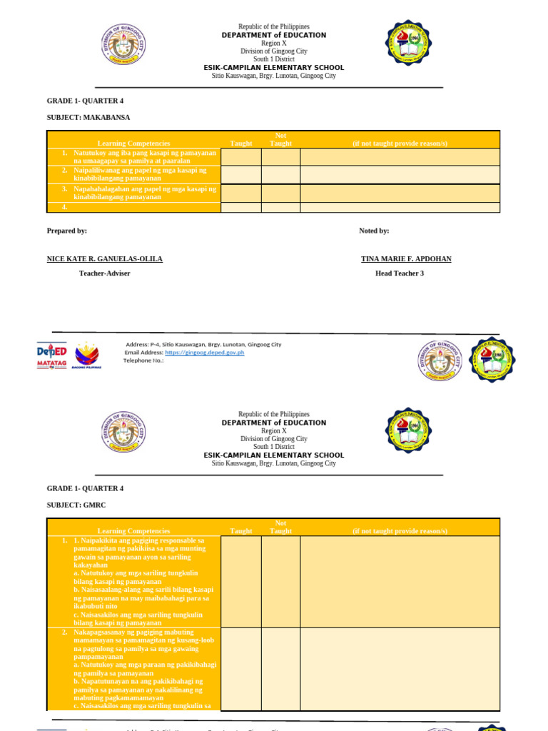 Tracking of Taught Competencies GRADE 1 Q4 | PDF