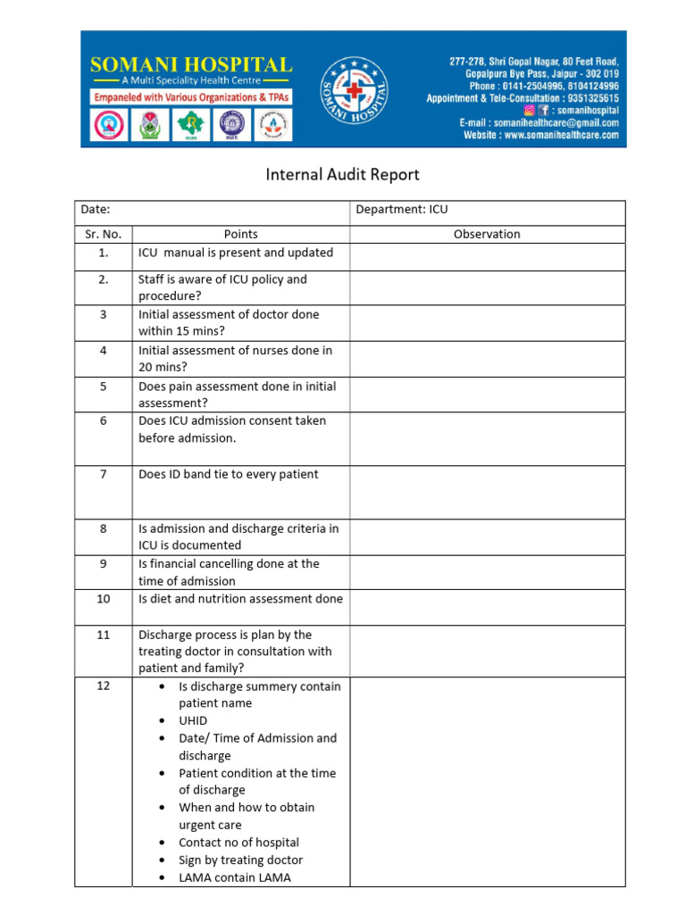 Internal Audit Report ICU Department | PDF | Intensive Care Unit ...