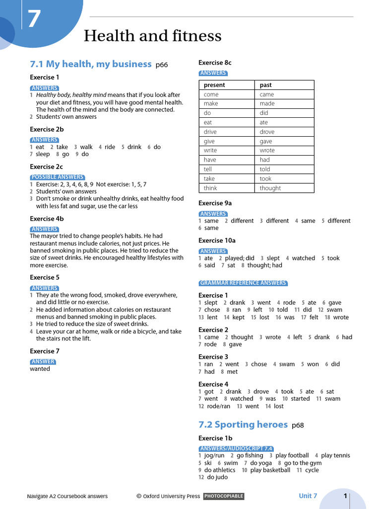 Navigate A2 Coursebook Unit 7 Answer Key | PDF