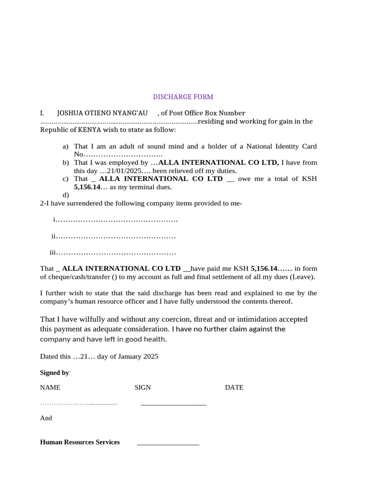 Employment Discharge Form Kenya | PDF