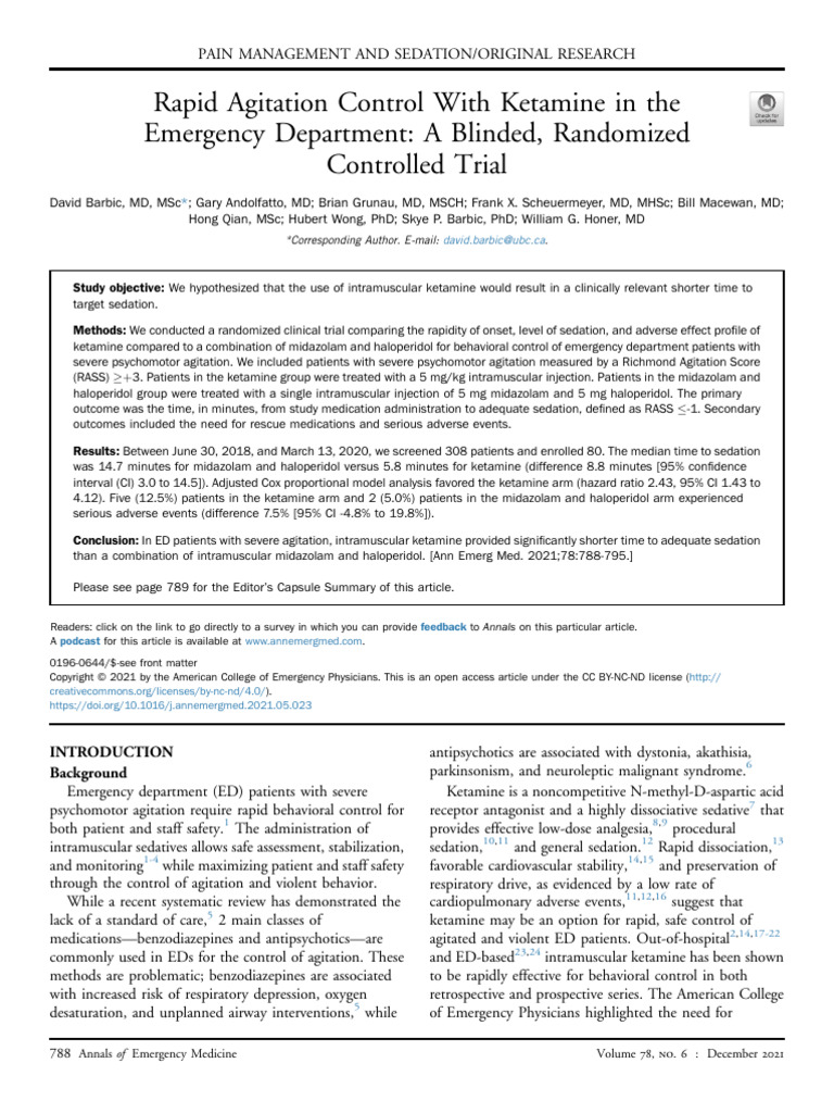 Rapid Agitation Control With Ketamine in The ED | PDF | Midazolam ...