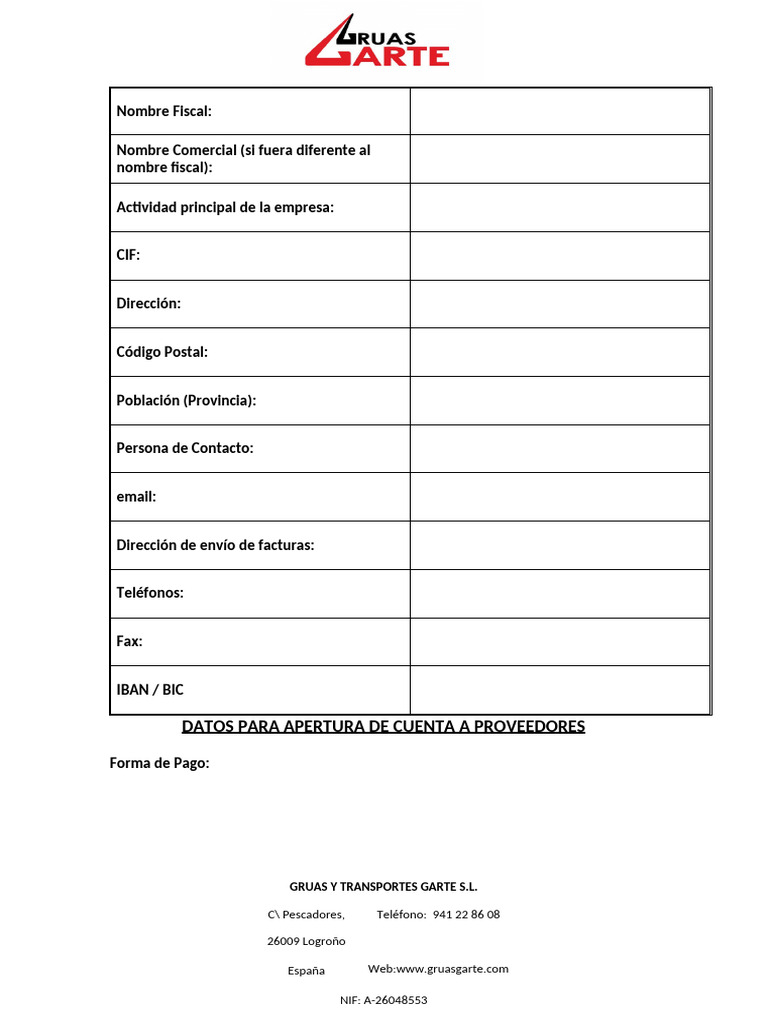 Datos de Contacto de Gruas Garte S.L. | PDF